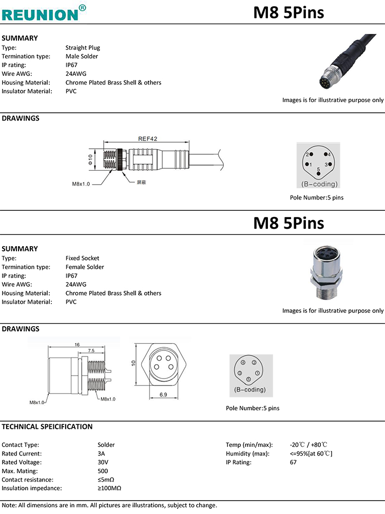 Straight male female M8 5pin sensor connector with custom cable ...