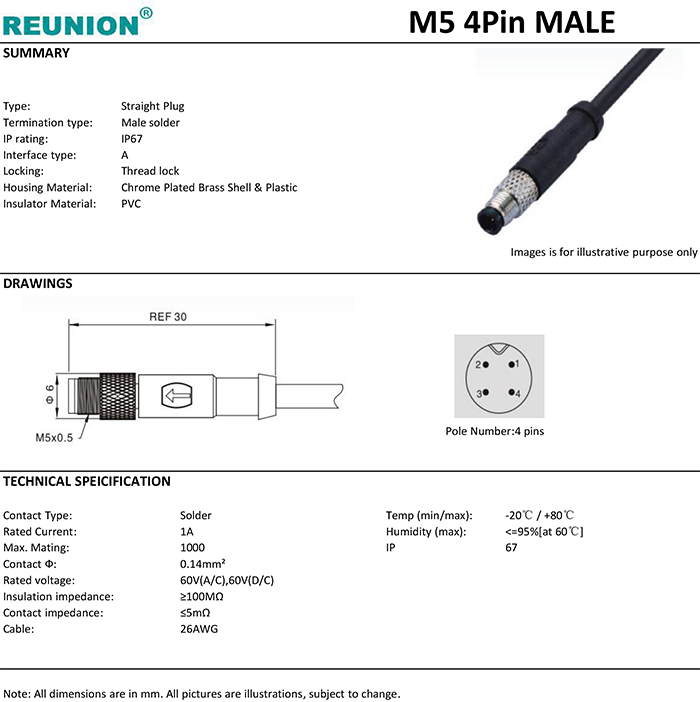 M5 Straight / 90 degree male plug sensor connector with 4 core cable ...